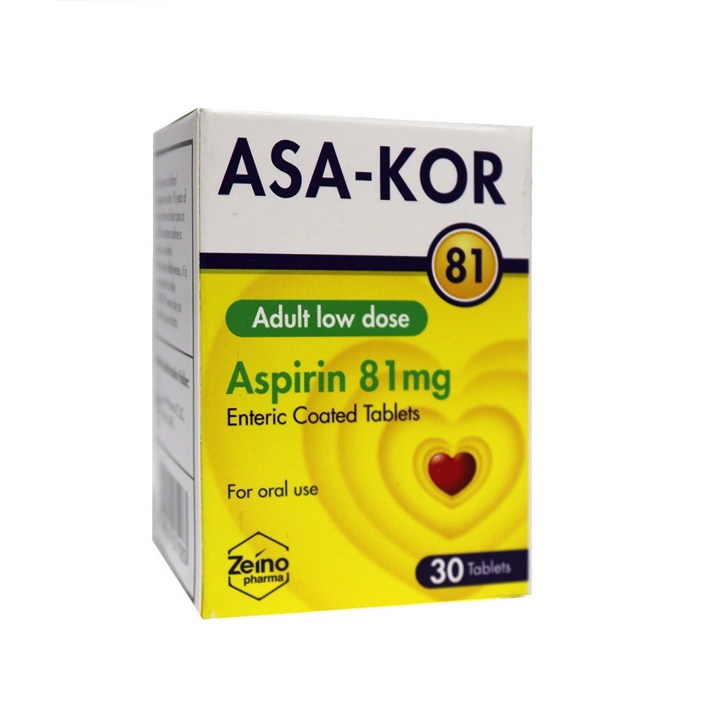 Zeino Pharma Asa-Kor Aspirin 81mg Enteric Coated Tablets, Pack of 30's ...