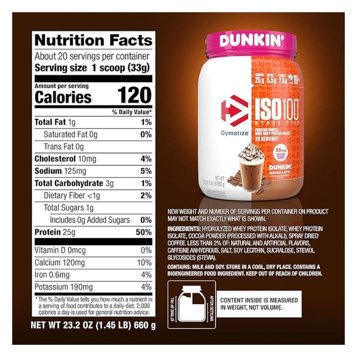 Dymatize ISO 100 Dunkin Mocha Latte Whey Protein Powder 660g - myAster